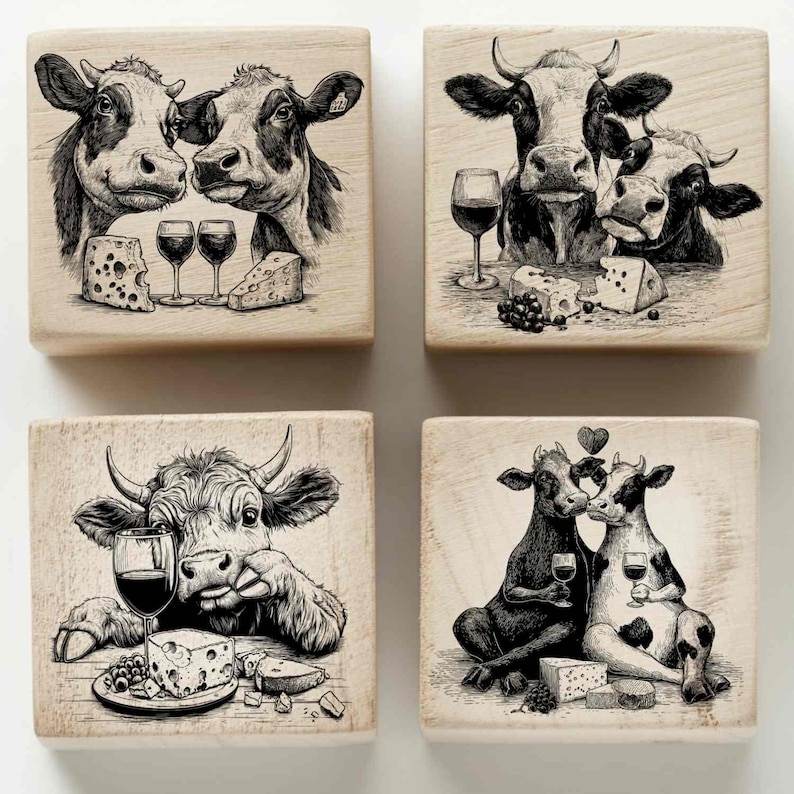 4 Cow Wine and Cheese Vector Bundle: Design for Wood, T-shirts, Slate ...