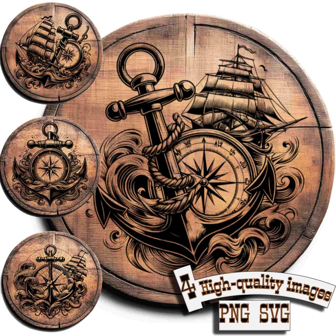 Bundle 4 Compass and Anchor Vector for Design on Wood, T-shirts, Slate ...