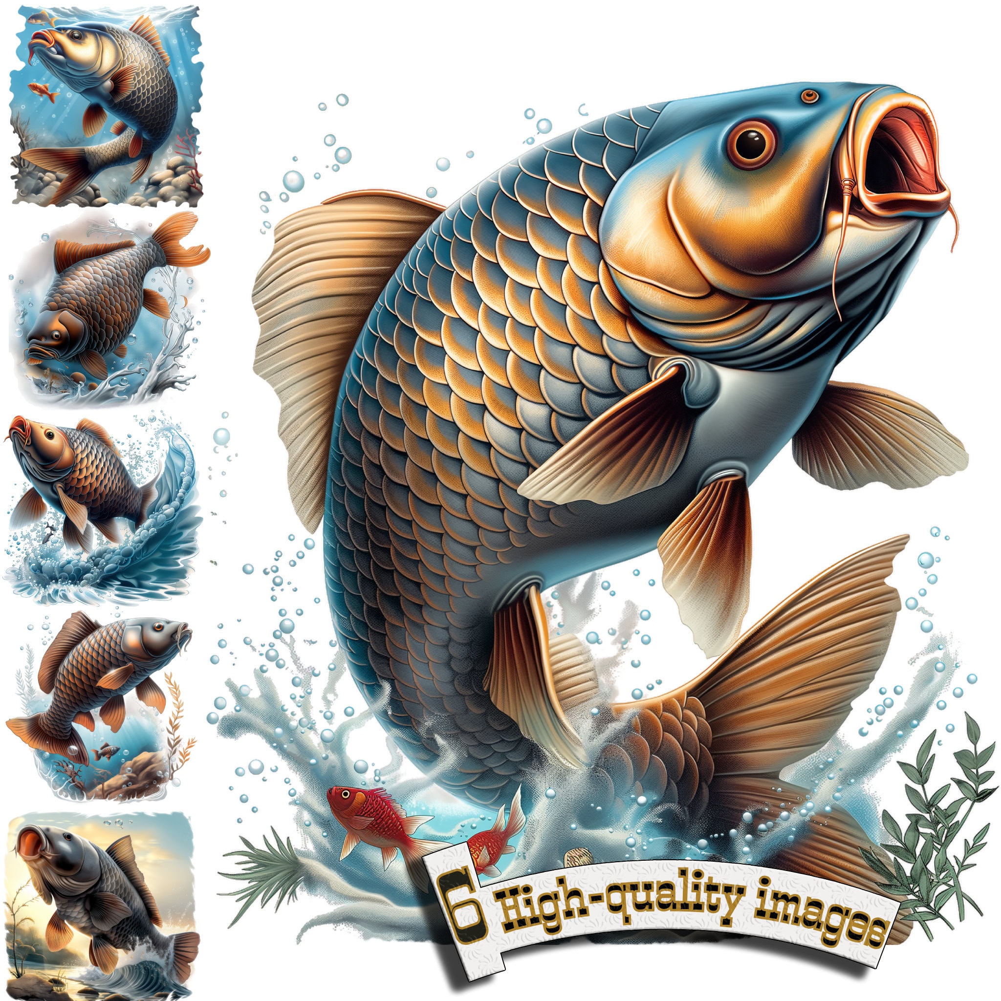 6 Carp Fish Clipart, Carp Clipart PNG, Fishing, Digital Graphic ...