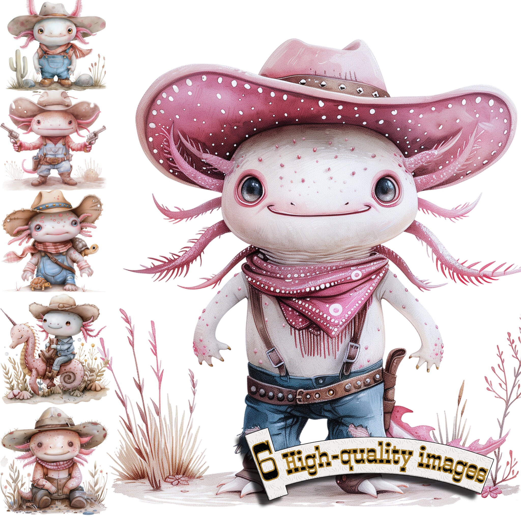 6 Axolotl Cowboy Clipart, Cute Axolotl PNG, Axolotl Cowboy Sublimation ...