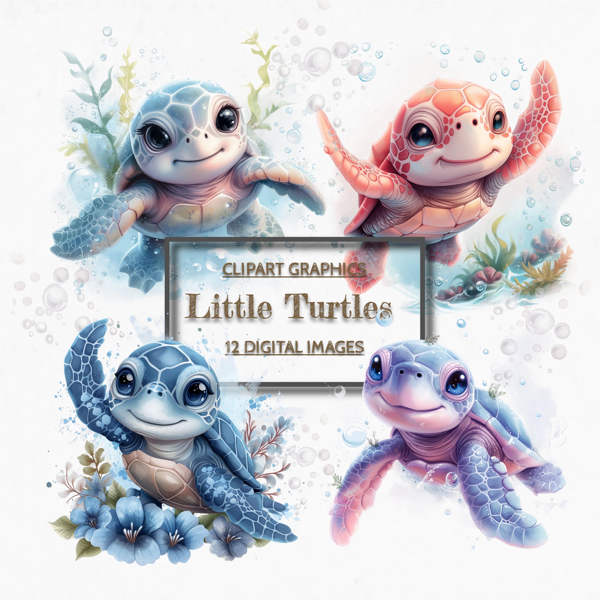 12 Cute Turtle Clipart, Turtle PNG, Turtle in Water, Sublimation Turtle ...