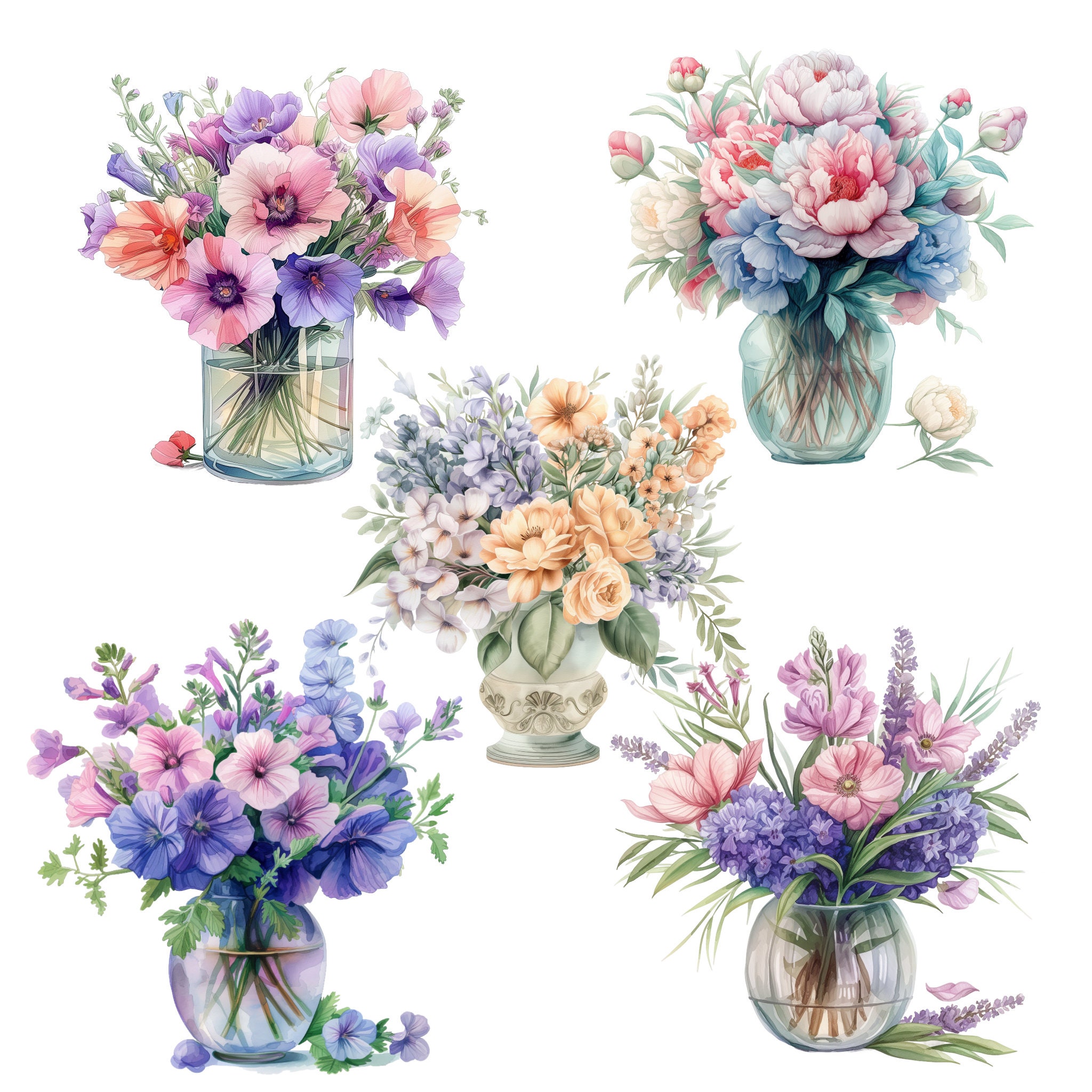 12 Flower Bouquets Clipart, Watercolor Flower, High Quality PNG Digital ...