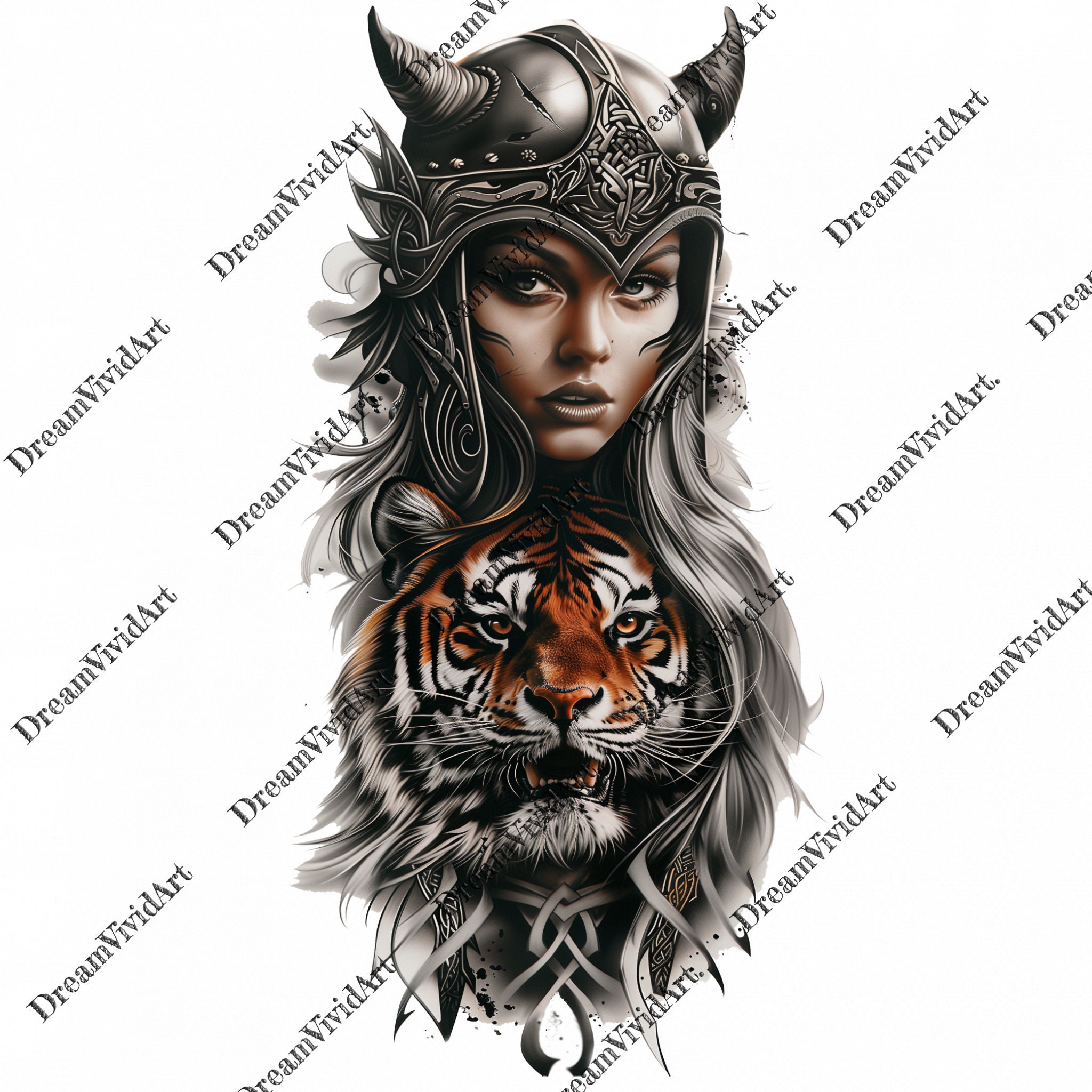 Viking Woman and Tiger Tattoo Design, Digital Clipart, Viking Woman ...