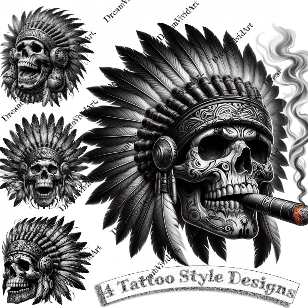 Native American Skull Tattoo Design, Digital Clipart, Aztec Skull Clip ...