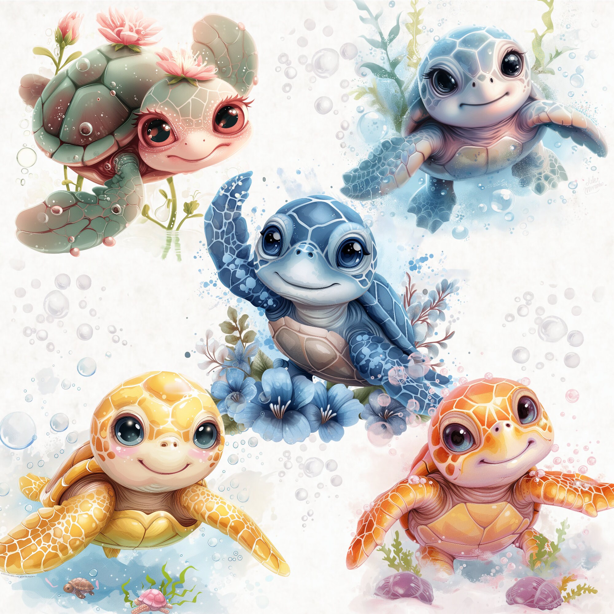 12 Cute Turtle Clipart, Turtle PNG, Turtle in Water, Sublimation Turtle ...