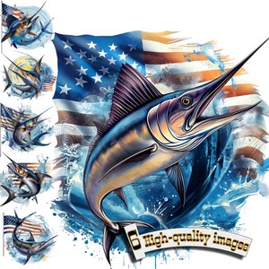 6 Marlin and Flag Clipart, Marlin Fish Clipart PNG, Fishing, Digital ...