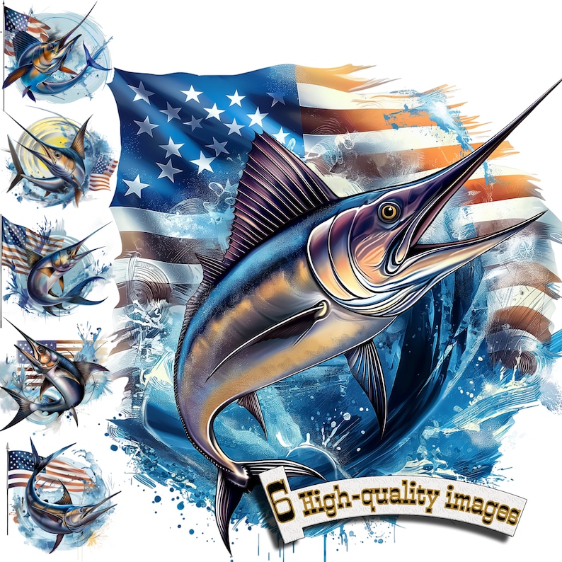 6 Marlin and Flag Clipart, Marlin Fish Clipart PNG, Fishing, Digital ...