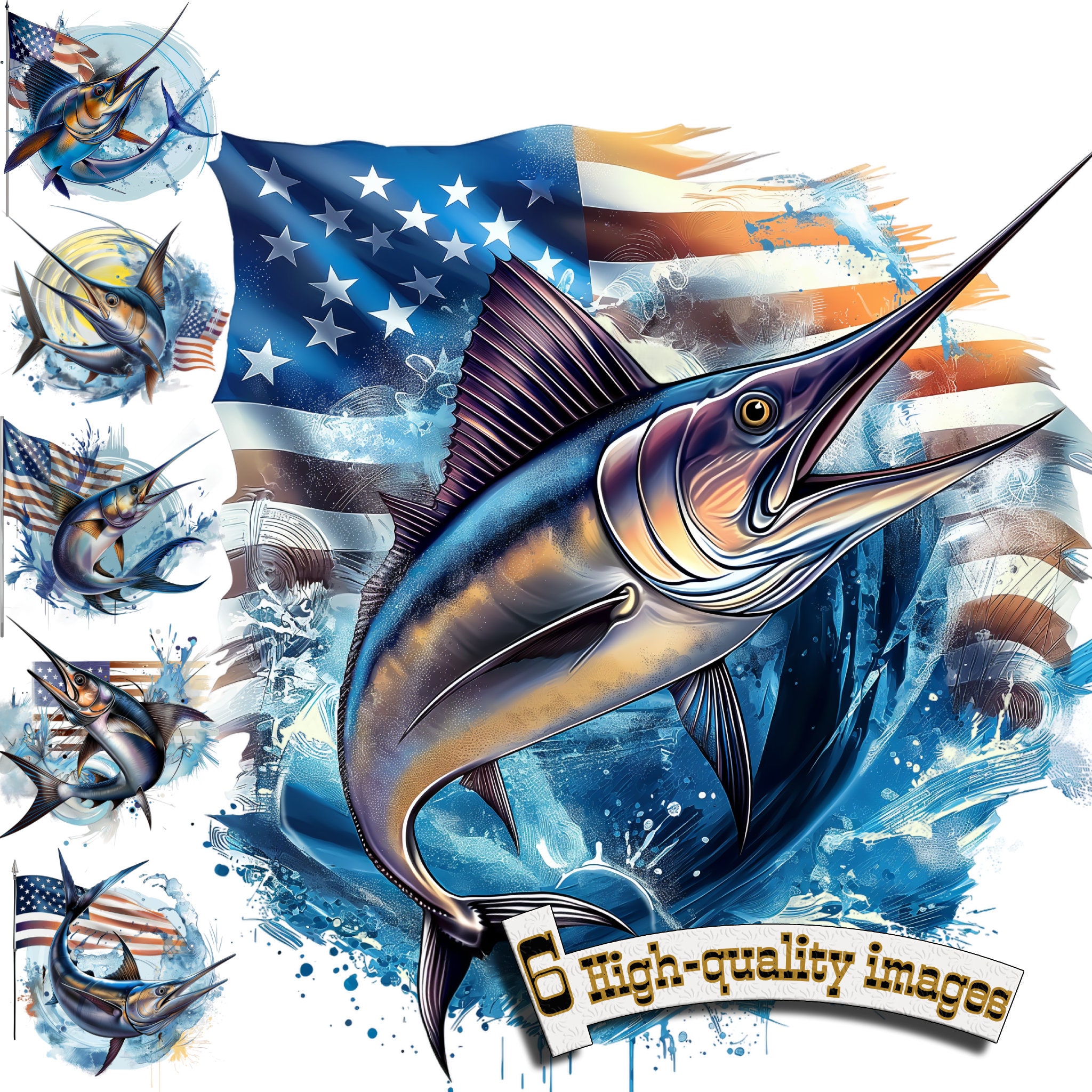 6 Marlin and Flag Clipart, Marlin Fish Clipart PNG, Fishing, Digital ...
