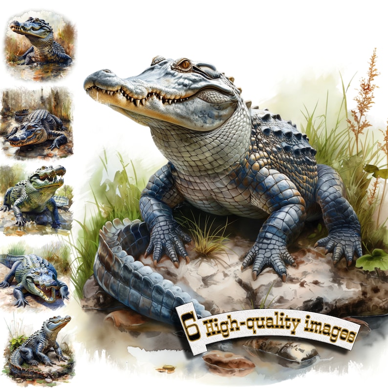 6 Crocodile in Swamp, Crocodile Watercolor, Crocodile Clipart, Digital ...