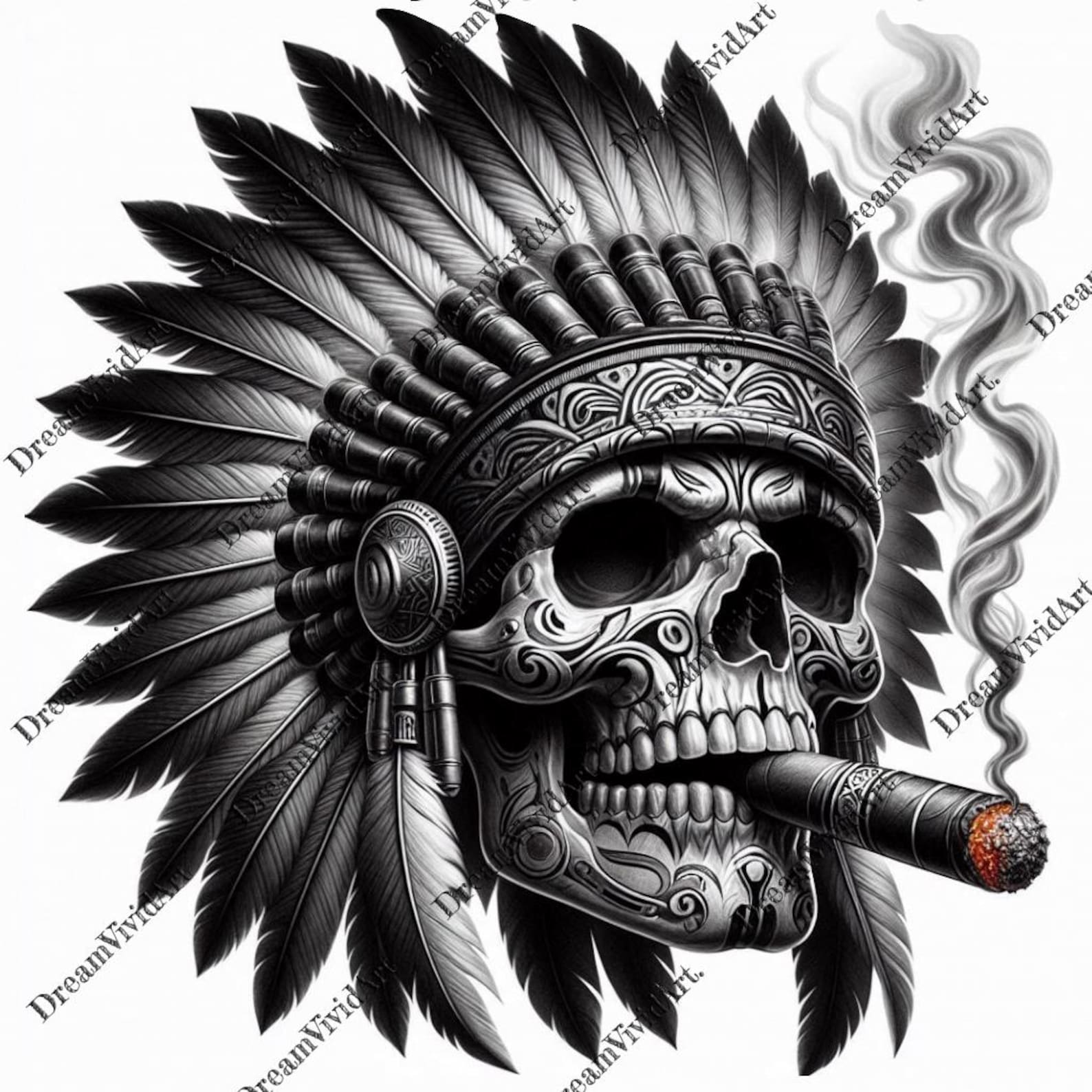 Native American Skull Tattoo Design, Digital Clipart, Aztec Skull Clip ...