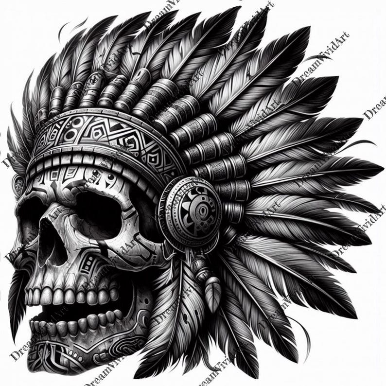 Native American Skull Tattoo Design, Digital Clipart, Aztec Skull Clip ...