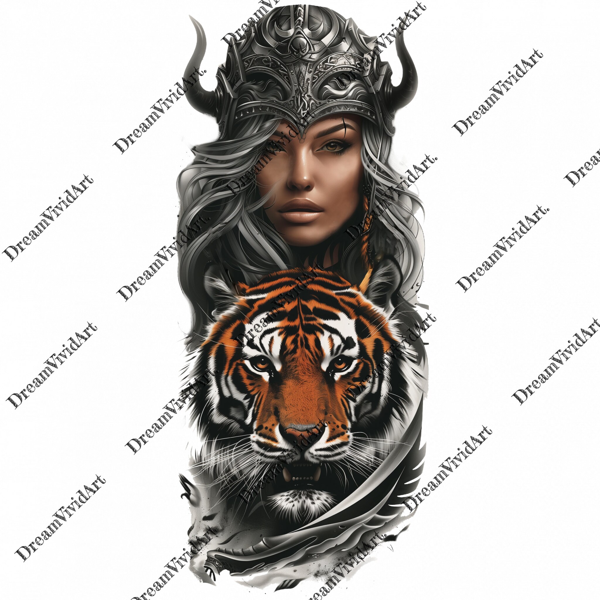 Viking Woman and Tiger Tattoo Design, Digital Clipart, Viking Woman ...