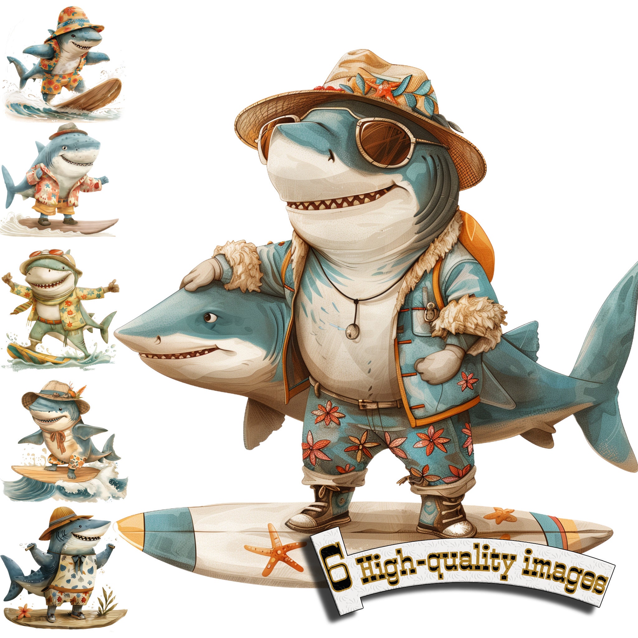 6 Shark Surfers Clipart, Shark Surfers PNG, Shark in Water, Sublimation ...