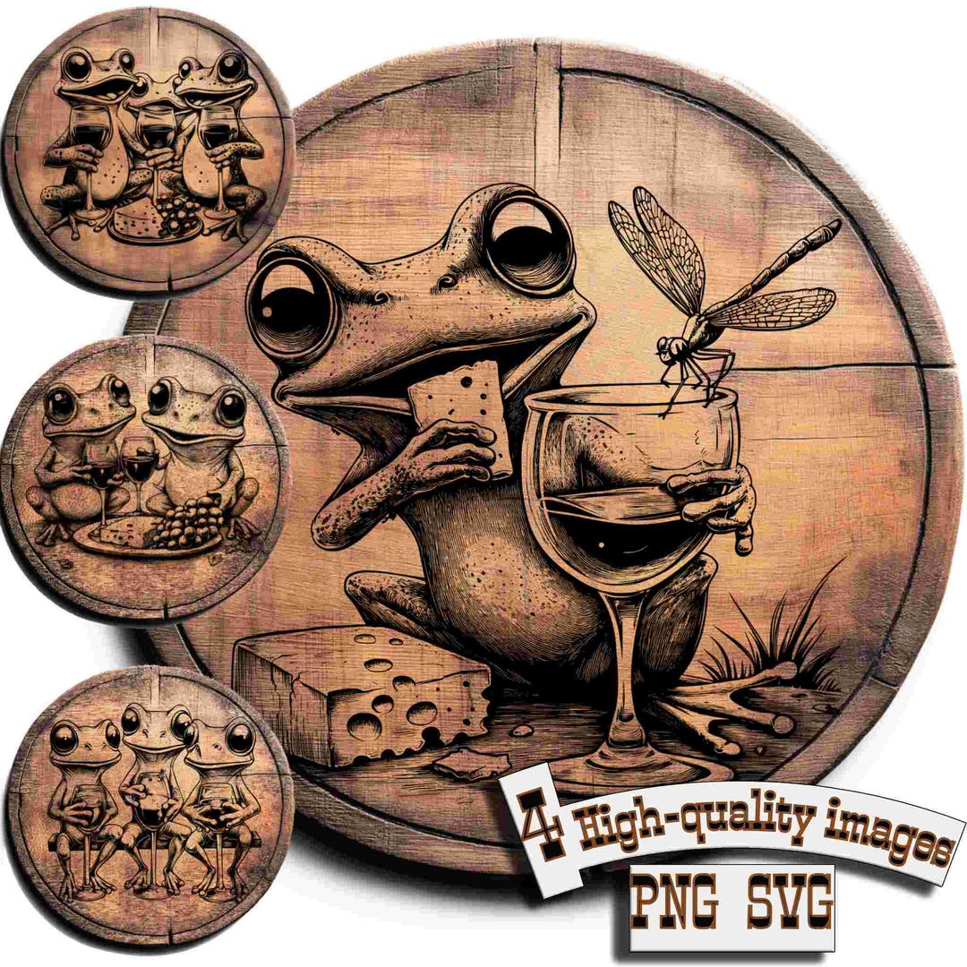 Bundle 4 Frog With Wine and Cheese, Vector for Design on Wood, T-shirts ...