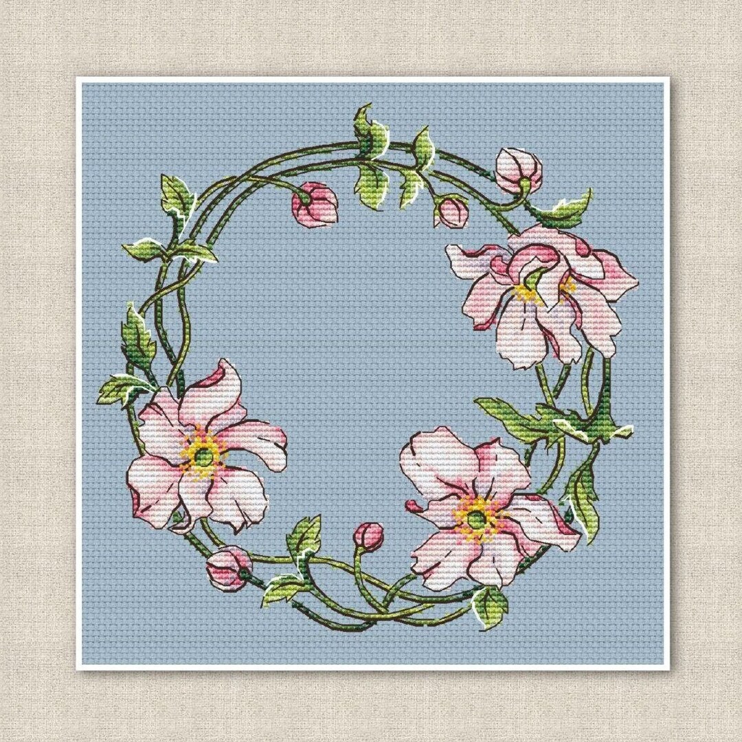 Pink Anemone Wreath Cross Stitch Pattern: Modern Embroidery (digital ...