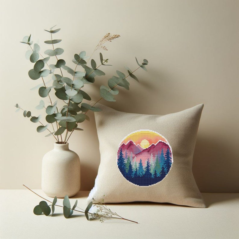 Mountain Sunset Cross Stitch Pattern: Primitive Needlework (digital ...