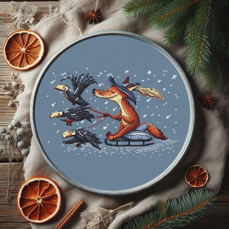 Cute Fox in Hat With Crows Cross Stitch Pattern, Fun Christmas Nursery ...