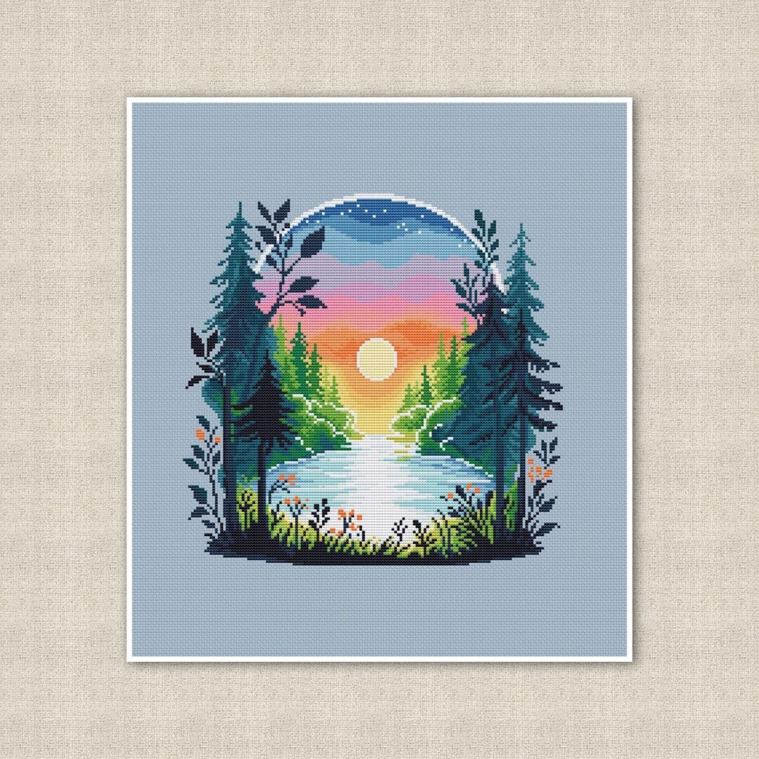 Morning Silence Landscape Counted Cross Stitch Pattern, Primitive Style ...
