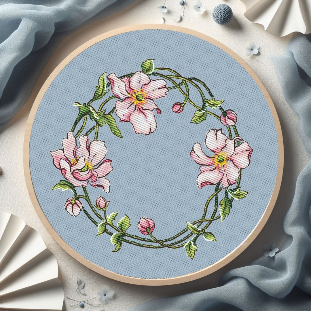 Cross Stitch Pattern wreath of Anemone Floral Wreath, Pink Flowers ...