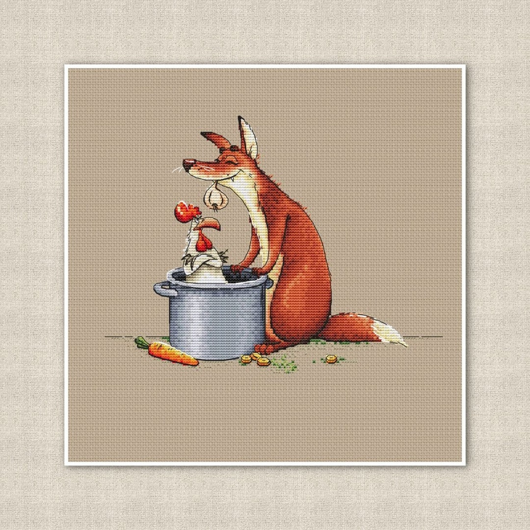Funny Cross Stitch Pattern - Fox Cooking Rooster Soup, Grandma's Recipe ...