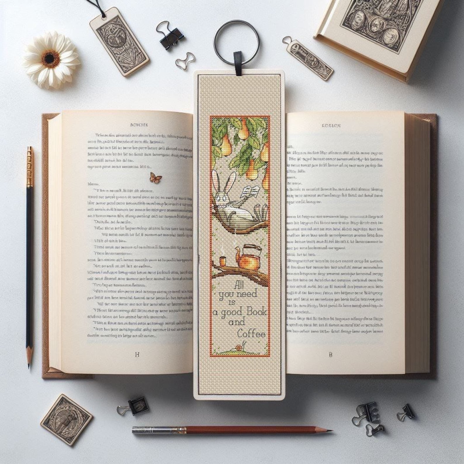 Adorable Bunny Bookmark: Coffee Lover's Cross Stitch Pattern, Rabbit ...