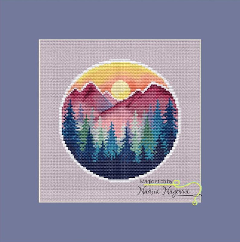 Mountain Sunset Cross Stitch Pattern: Primitive Needlework (digital ...