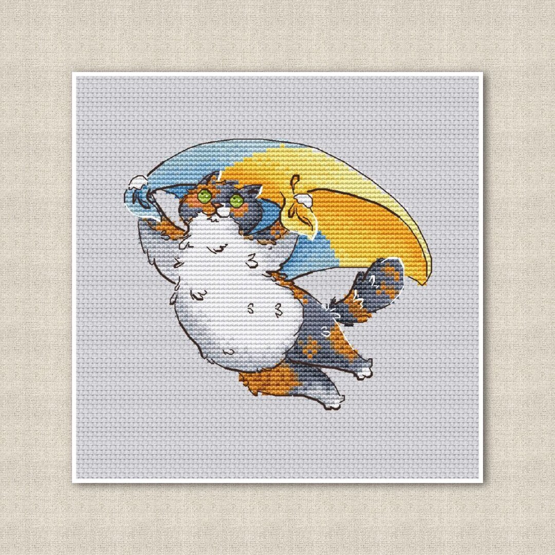 Funny Cat Parachuting on Ukrainian Flag Cross Stitch Pattern - Gift for ...