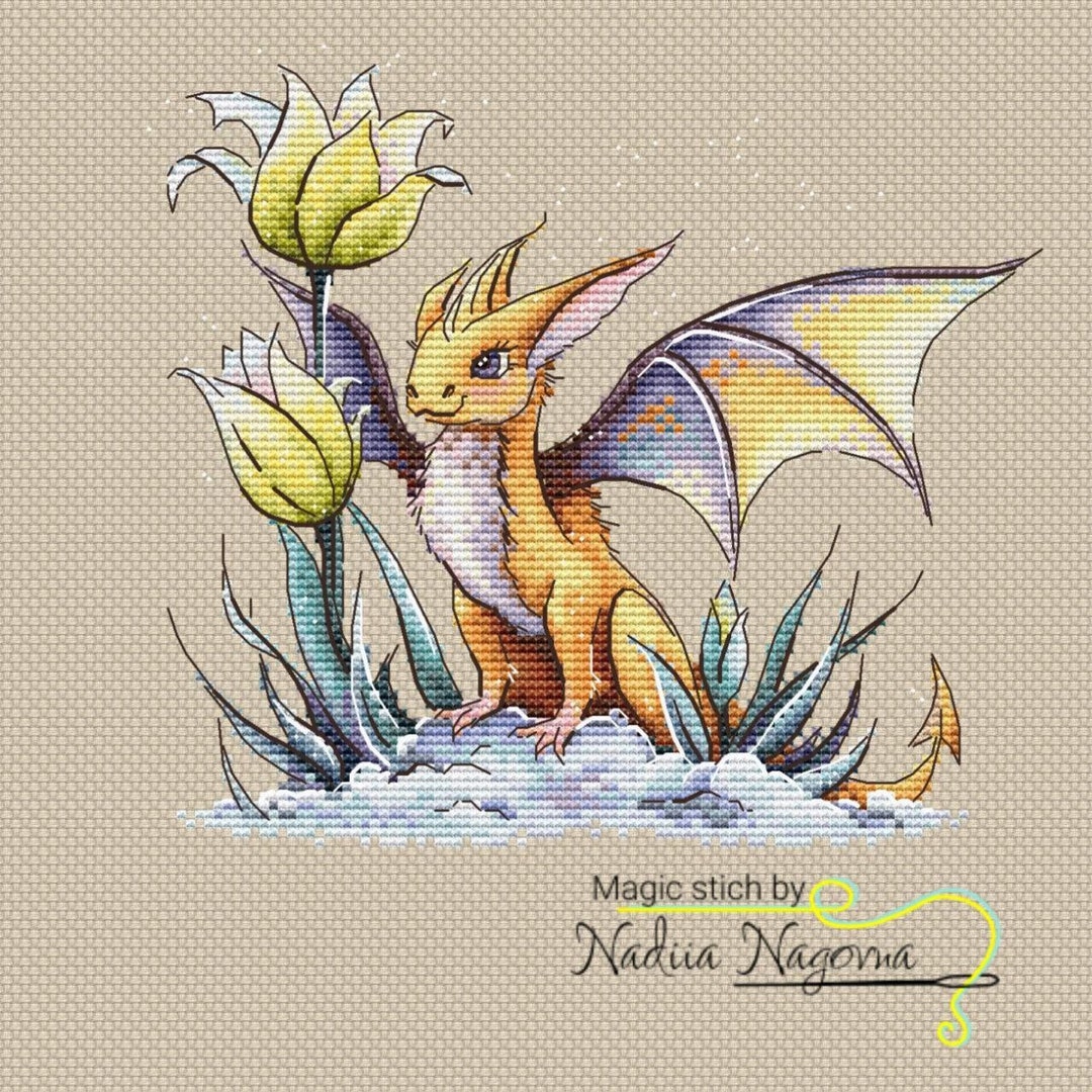 Dragon and Tulips Cross Stitch Chart: Fantasy Embroidery (digital ...