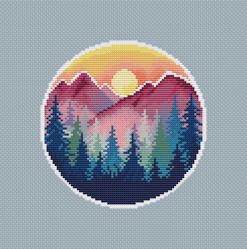 Mountain Sunset Cross Stitch Pattern: Primitive Needlework (digital ...