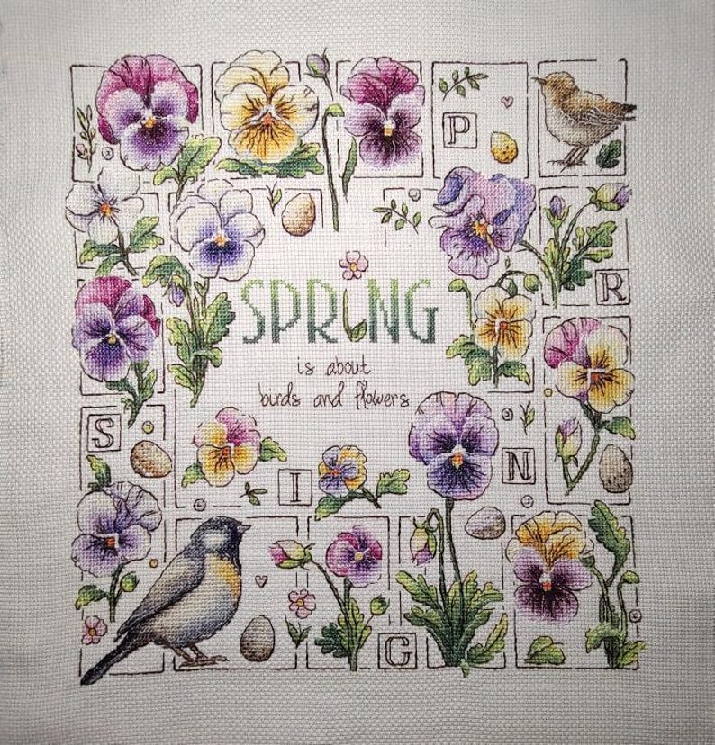Pansy Flowers & Birds Cross Stitch Sampler, Bright Pillow Design for ...