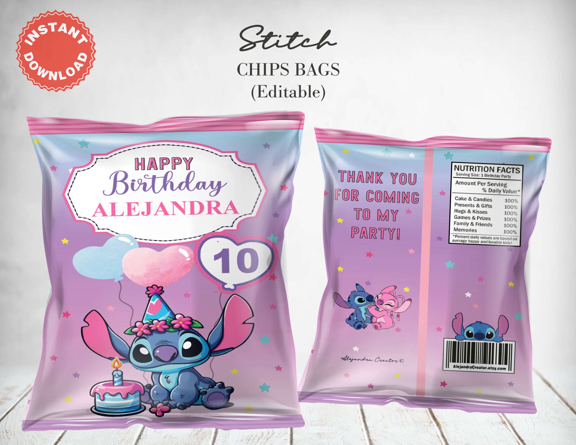 Stitch Birthday Chips Bags Wrapper EDITABLE Chips Bags Template, Party ...