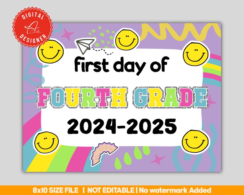 First Day of FOURTH Grade Sign, First Day of School Sign, FOURTH Grade ...
