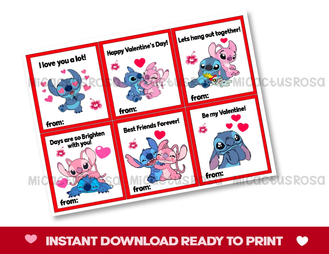 Printable STITCH Valentine Cards, Valentines Day Cards, Kids Valentine ...