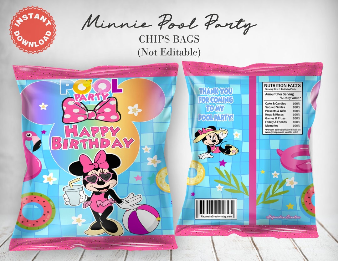 Minnie Pool Party Birthday Chips Bags Wrapper EDITABLE Chips Bags ...