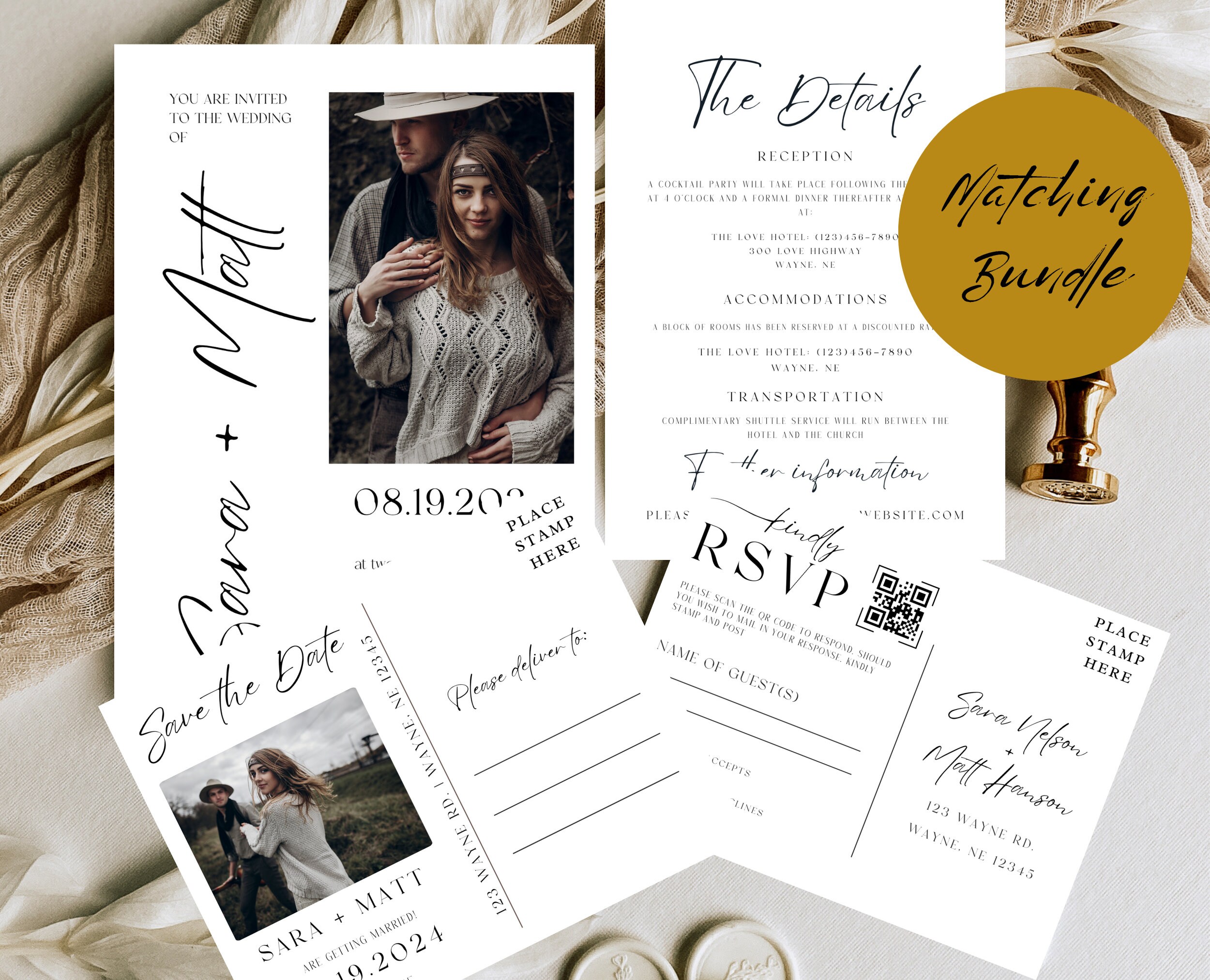 RSVP With QR Code Postcard Boho Wedding Invitation Bundle Minimalist ...