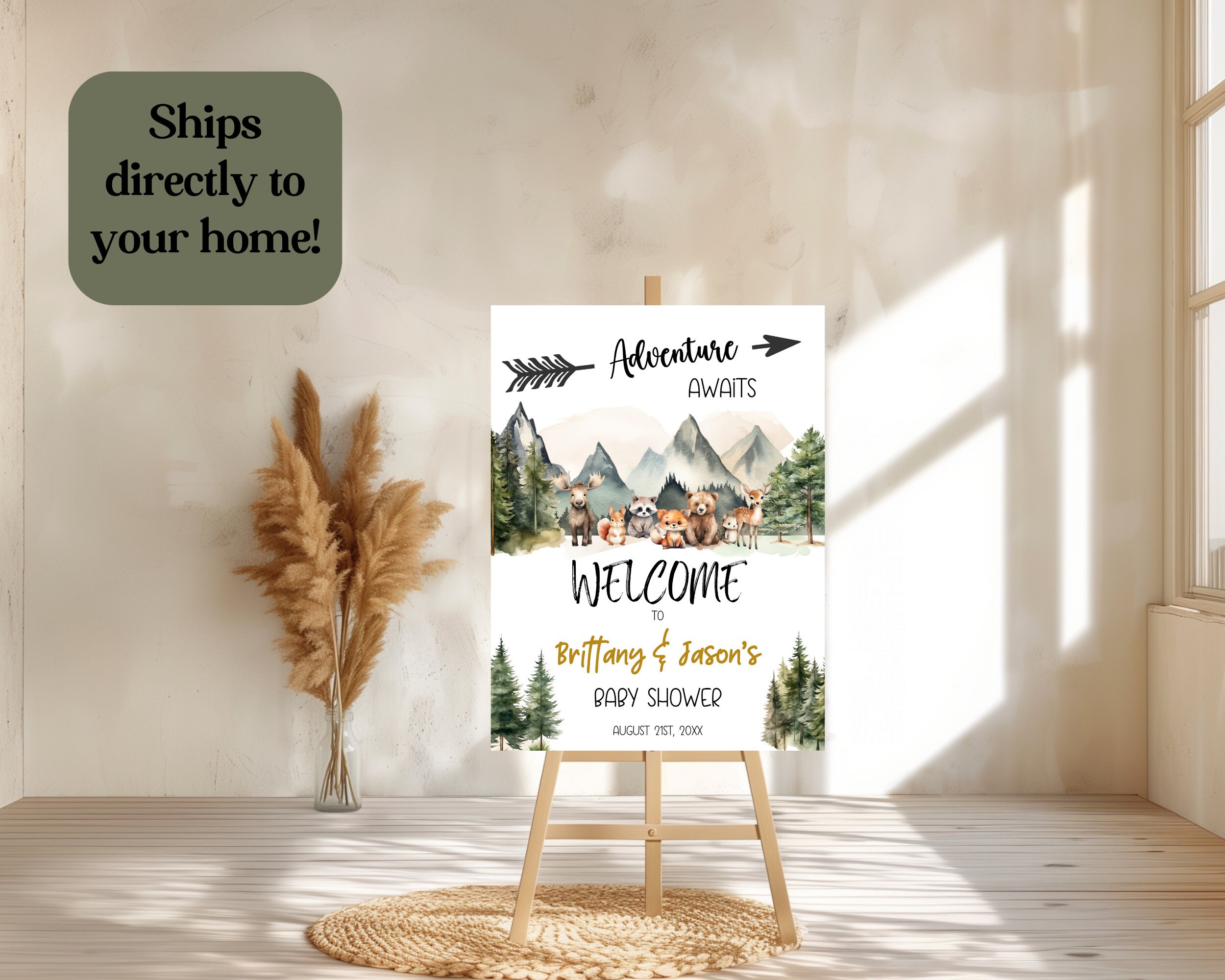 Baby Shower Welcome Sign Adventure Awaits Baby Shower Woodland Animals ...