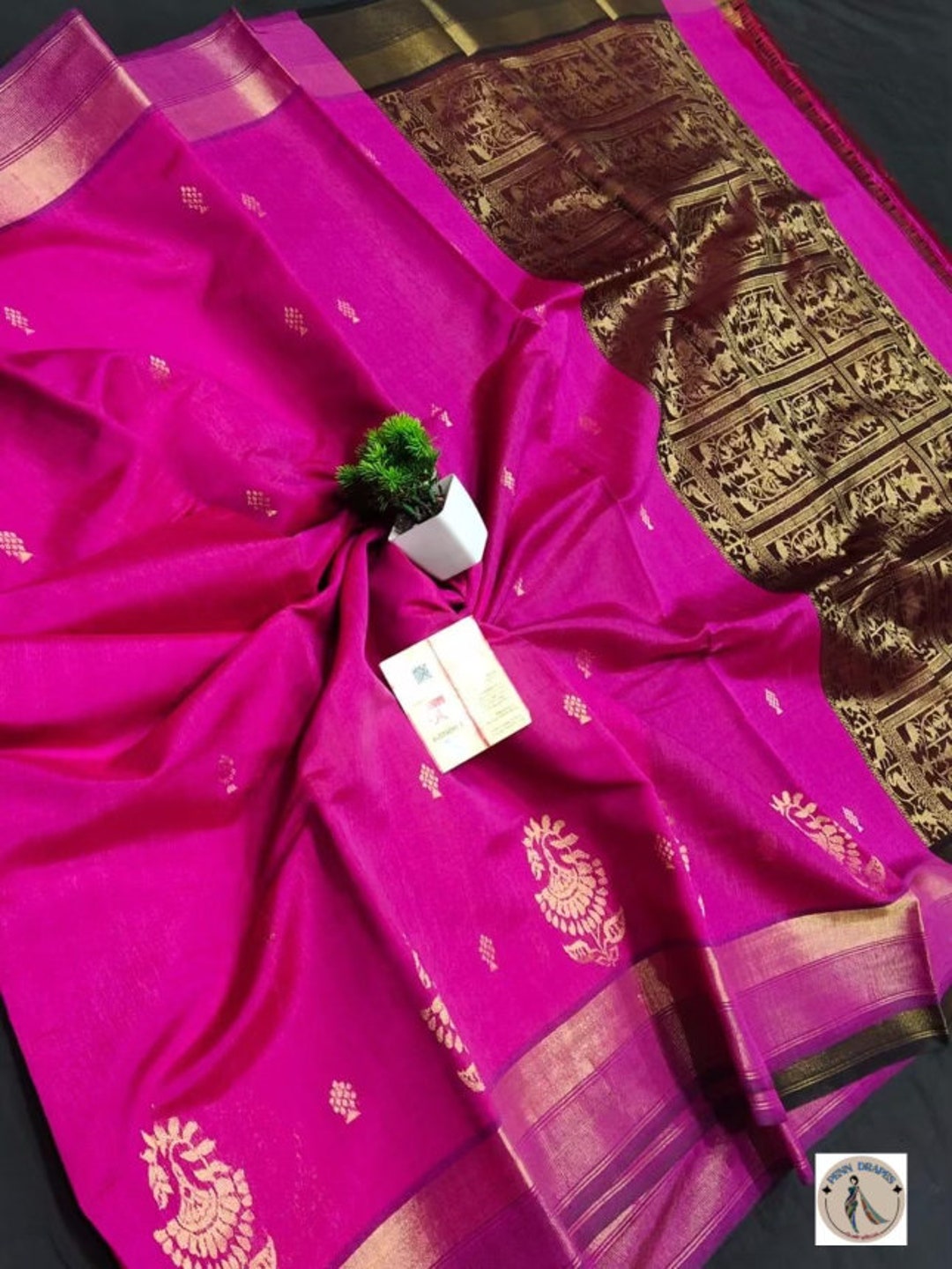 Pure Raw Silk Rani Pink Saree With Gold Motifs and Gold Self Border ...