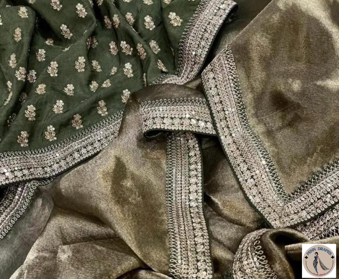 Pure Crushed Tissue Silk Embroidery With Stitched Blouse - Etsy