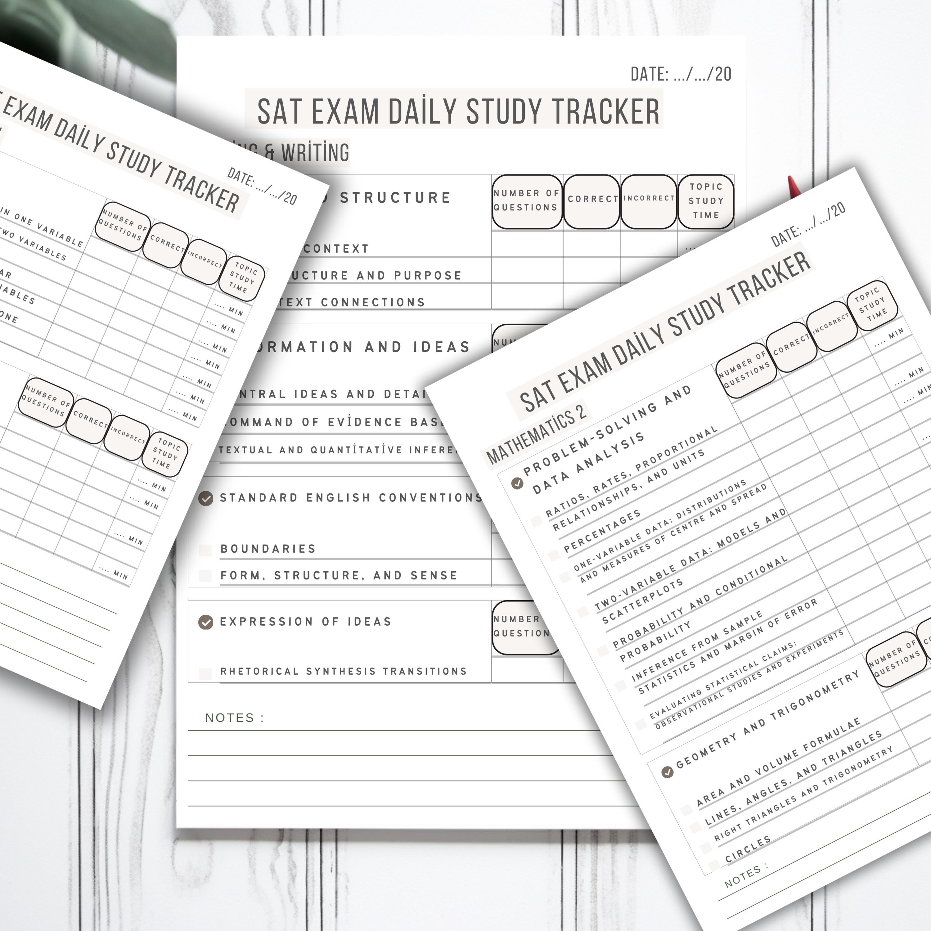 SAT Exam Prep Study Planner and Tracker , SAT Study Planner Daily , Sat ...