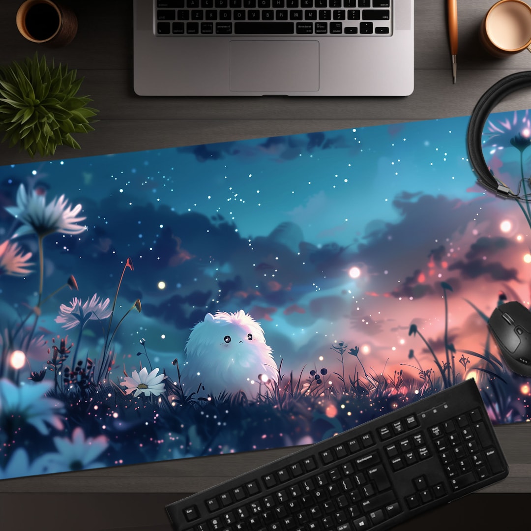 Kawaii Momo Marshmallow Fluff Creature XL Extended Gaming Desk Mat ...