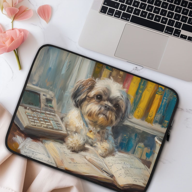 Funny Cute Artistic Shih Tzu Puppy Doing Taxes Work Zippered Laptop ...