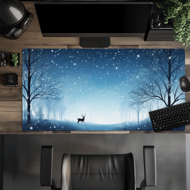 Snowy Night Sky With Deer Desk Mat II, XL Extended Gaming Mouse Pad ...
