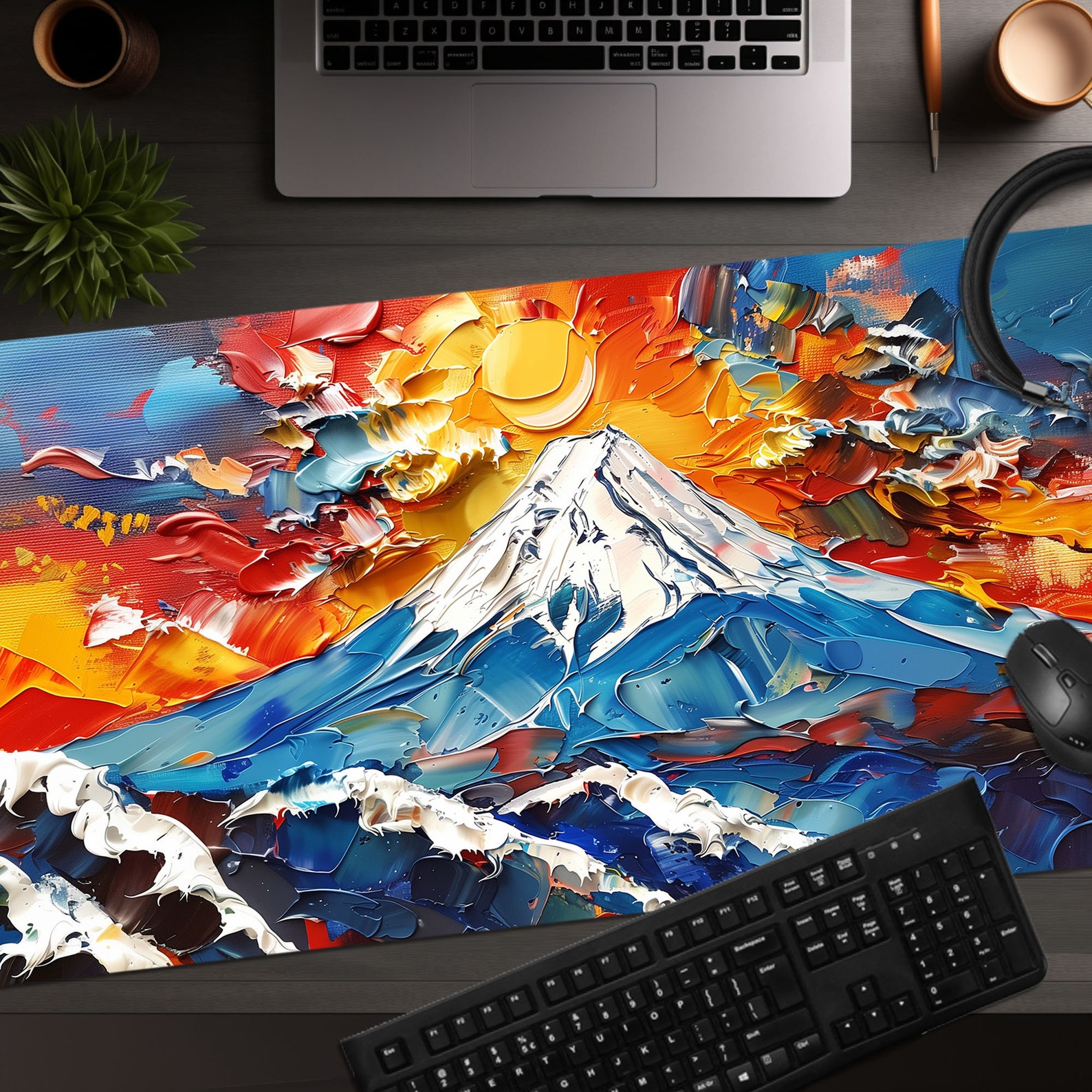 Impasto Style Mount Fiji Japan Landscape Desk Mat, Sunset Version, XL ...