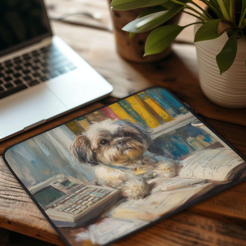 Funny Cute Artistic Shih Tzu Puppy Doing Taxes Work Zippered Laptop ...
