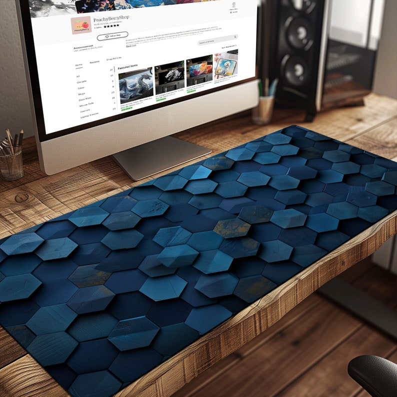 Blue Abstract Honeycomb 3D Hexagon Pattern Extended Gaming Mouse Pad XL ...