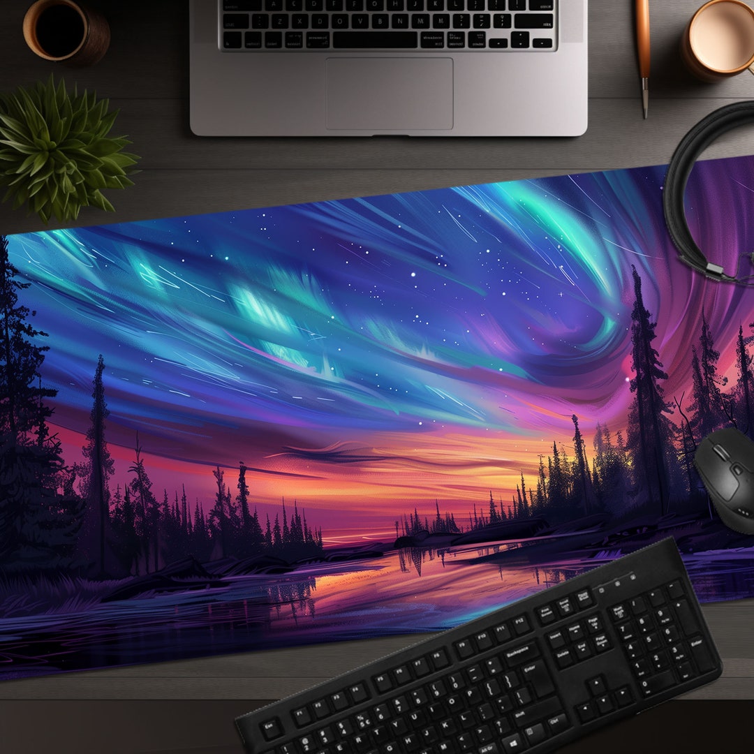 Aurora Borealis Northern Lights Colorful Sky Landscape XL Extended Gaming Desk Mat, Large Mouse ...