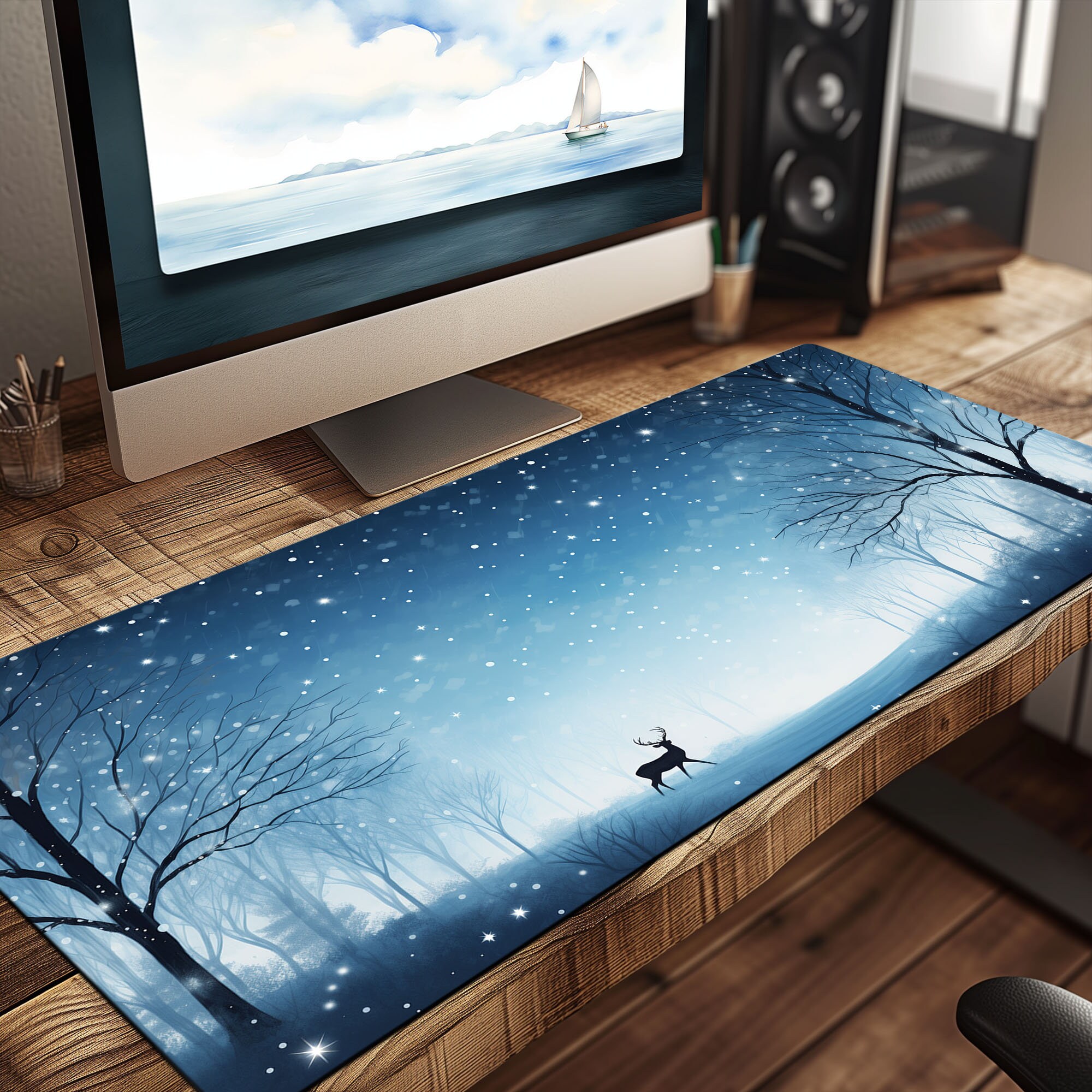 Snowy Night Sky With Deer Desk Mat II, XL Extended Gaming Mouse Pad ...