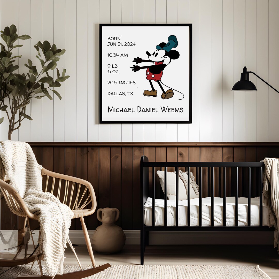 Personalized Art Vintage Mickey Mouse Birth Stats Child Name Steamboat ...