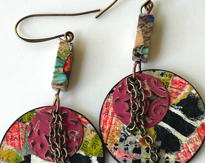 Handmade Art Earrings, Patchwork Collage, Bright Colors, Hand Painted ...