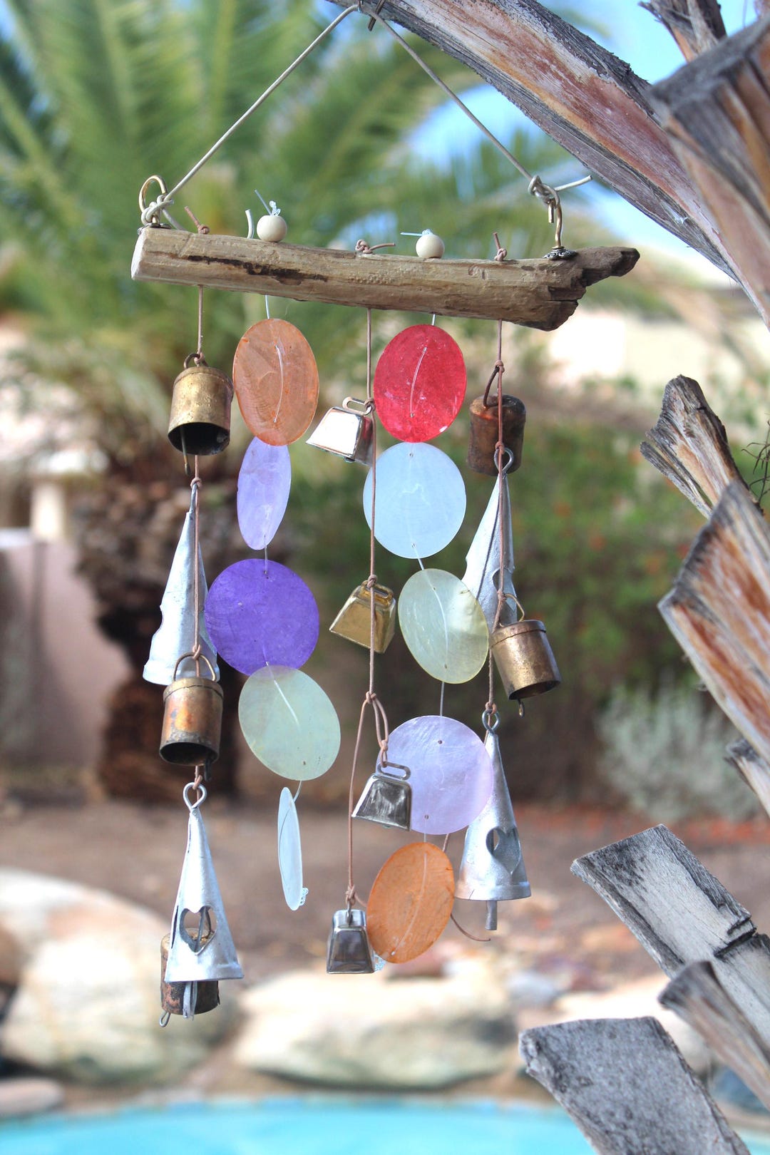 Capiz Shell Wind Chime – Colorful Bells on Rustic Driftwood - Etsy